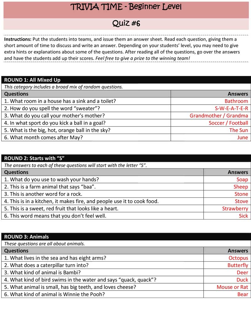 ESL Trivia Game For Beginner Intermediate Students ESL Trivia Game For Beginner Intermediate Students