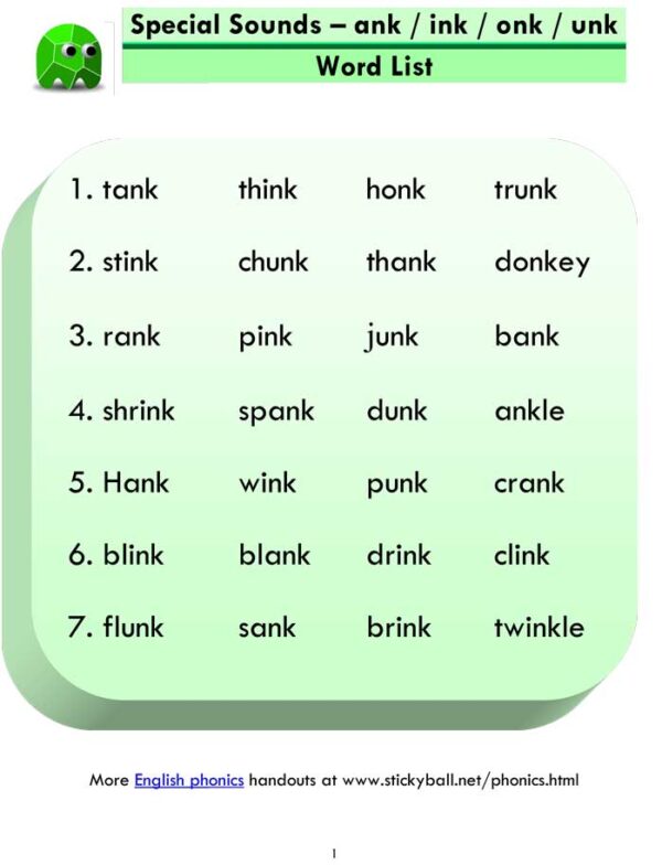 Advanced Phonics (ank / ink / onk / unk) - Word List and Sentences