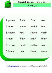 Advanced Phonics (aw / au) - Word List and Sentences