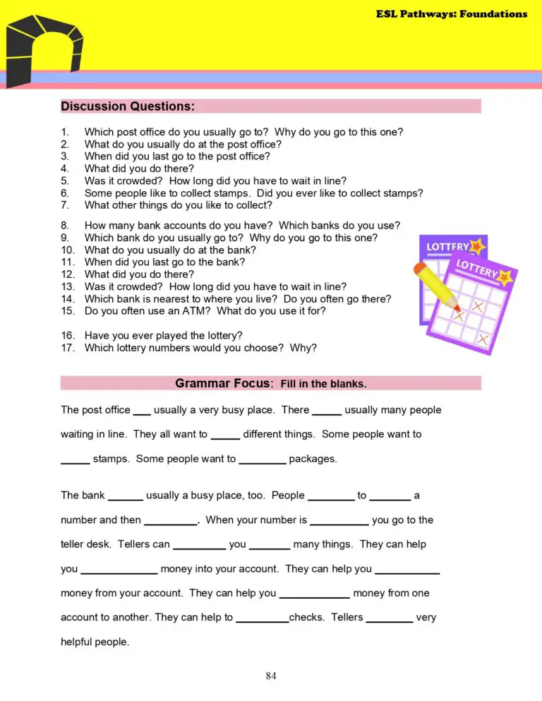 Adult Esl Lessons The Post Office And The Bank Beginner Stickyball