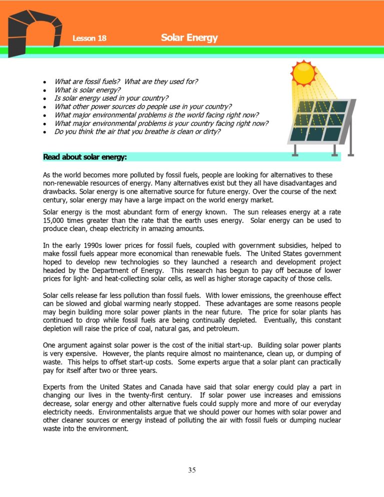 Adult ESL Lessons: Solar Energy (Advanced) - Stickyball ESL Lessons