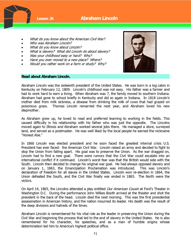 Adult ESL Lessons: Abraham Lincoln (Advanced) - Stickyball ESL Lessons
