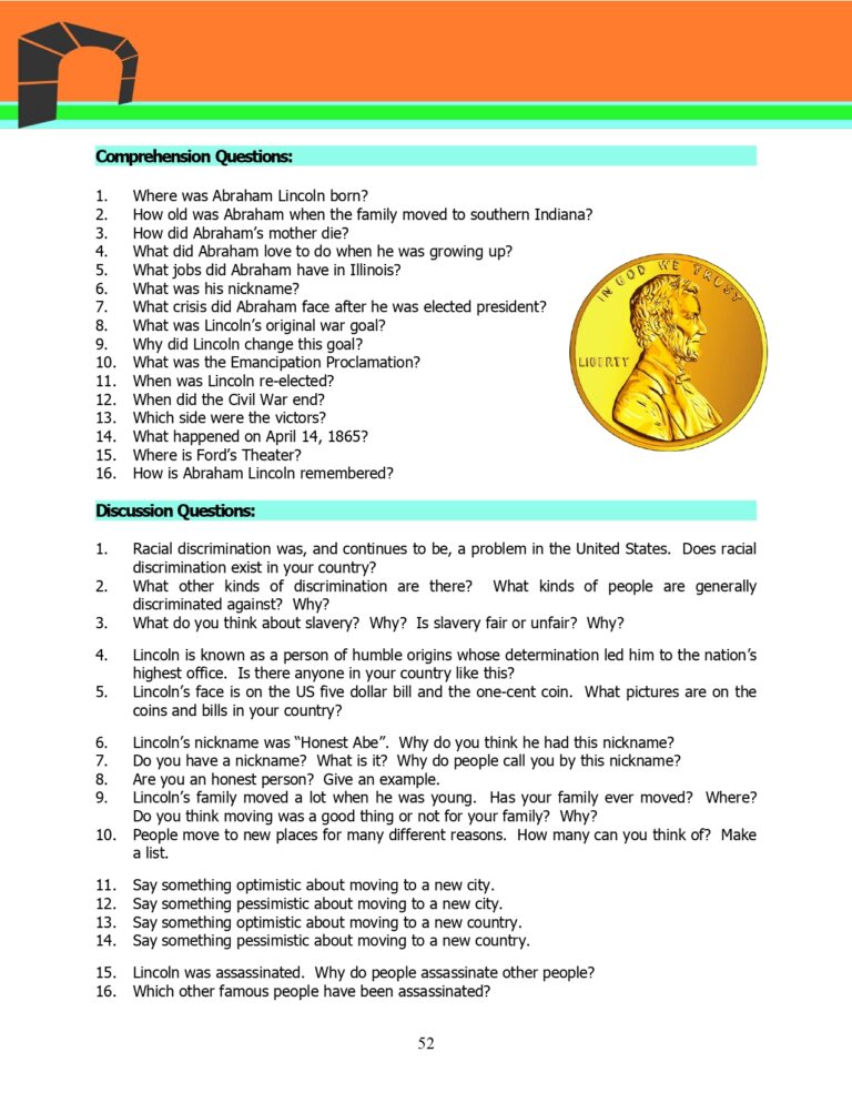 Adult ESL Lessons: Abraham Lincoln (Advanced) - Stickyball ESL Lessons