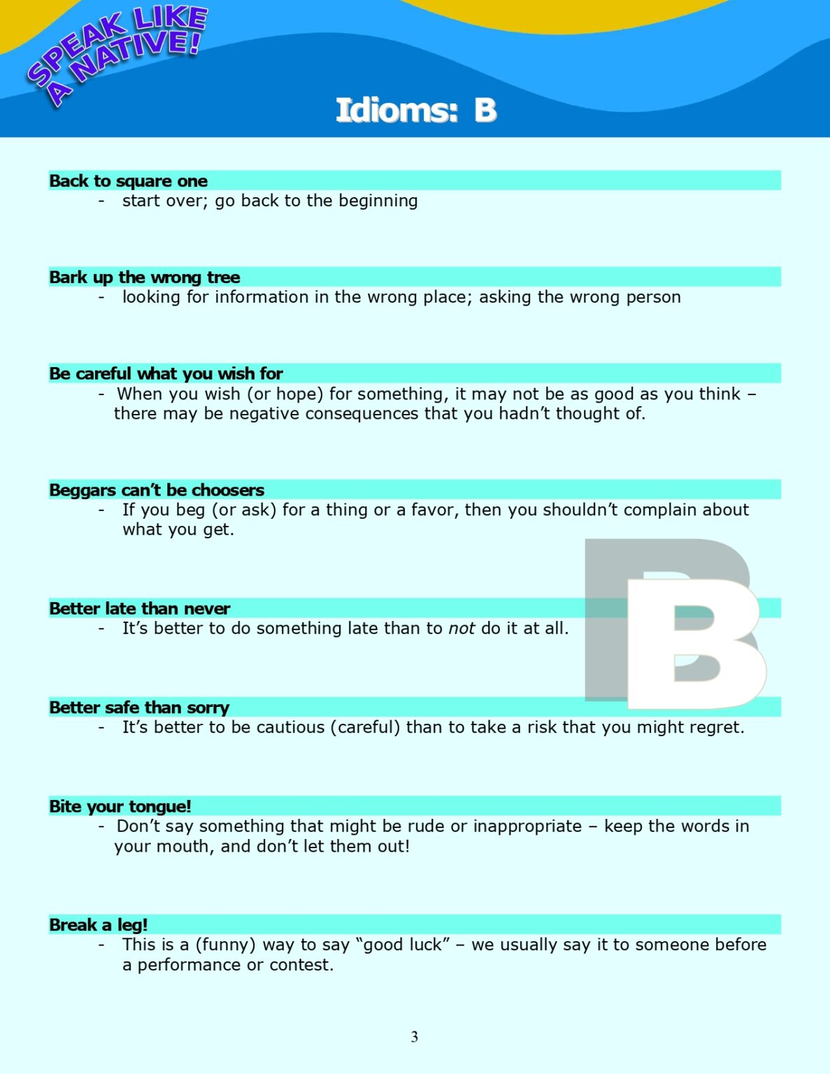 Idioms: "B" - Definitions and Review - Stickyball ESL Lessons