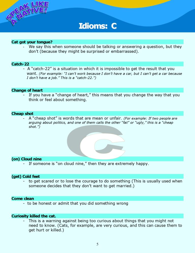 Idioms: "C" - Definitions and Review - Stickyball ESL Lessons