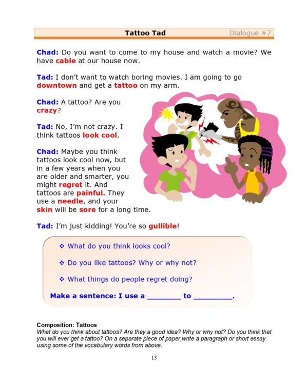 ESL Dialogues: Tattoo Tad (High-Intermediate) - Stickyball ESL Lessons