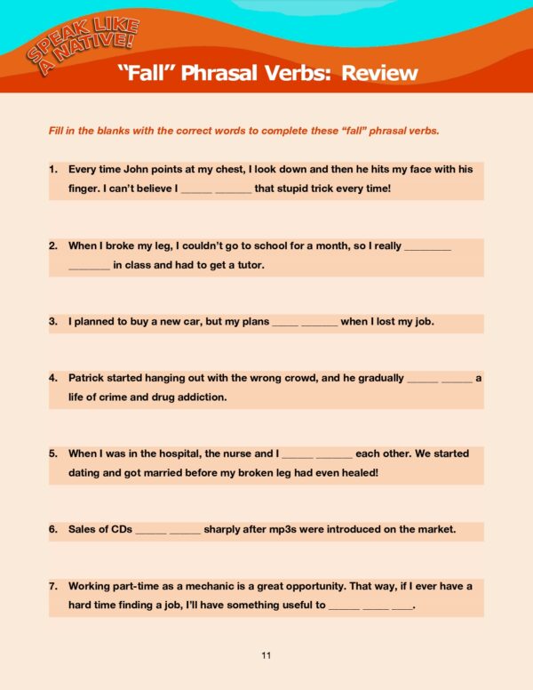 Phrasal Verbs: "Fall" - Definitions and Review - Stickyball ESL Lessons