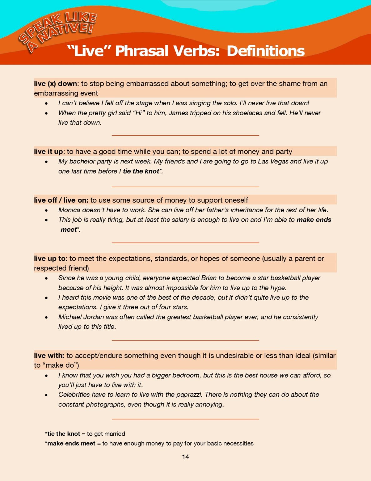 Phrasal Verbs: "Live" - Definitions and Review - Stickyball ESL Lessons