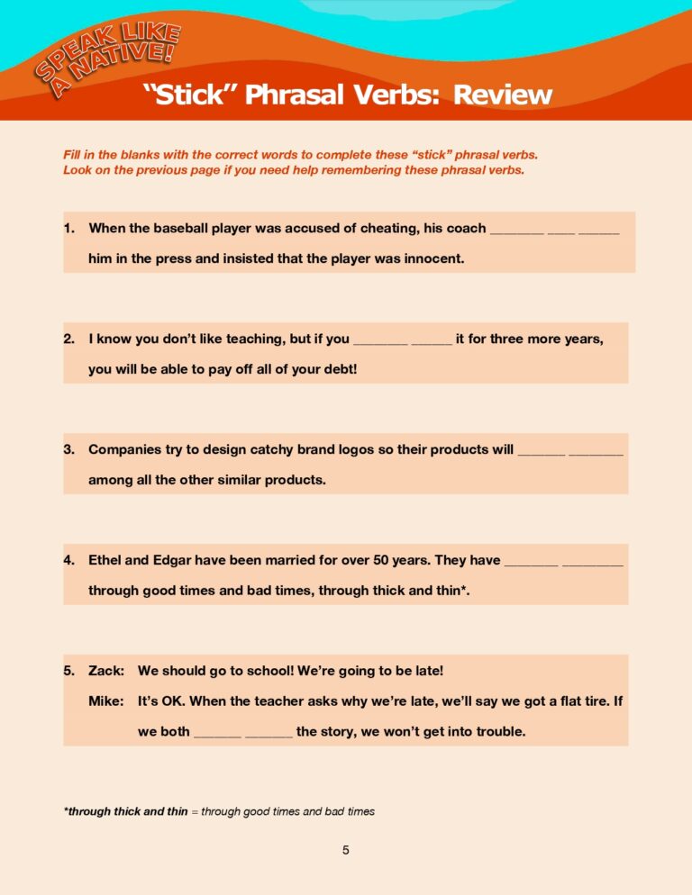 Phrasal Verbs: "Stick" - Definitions and Review - Stickyball ESL Lessons