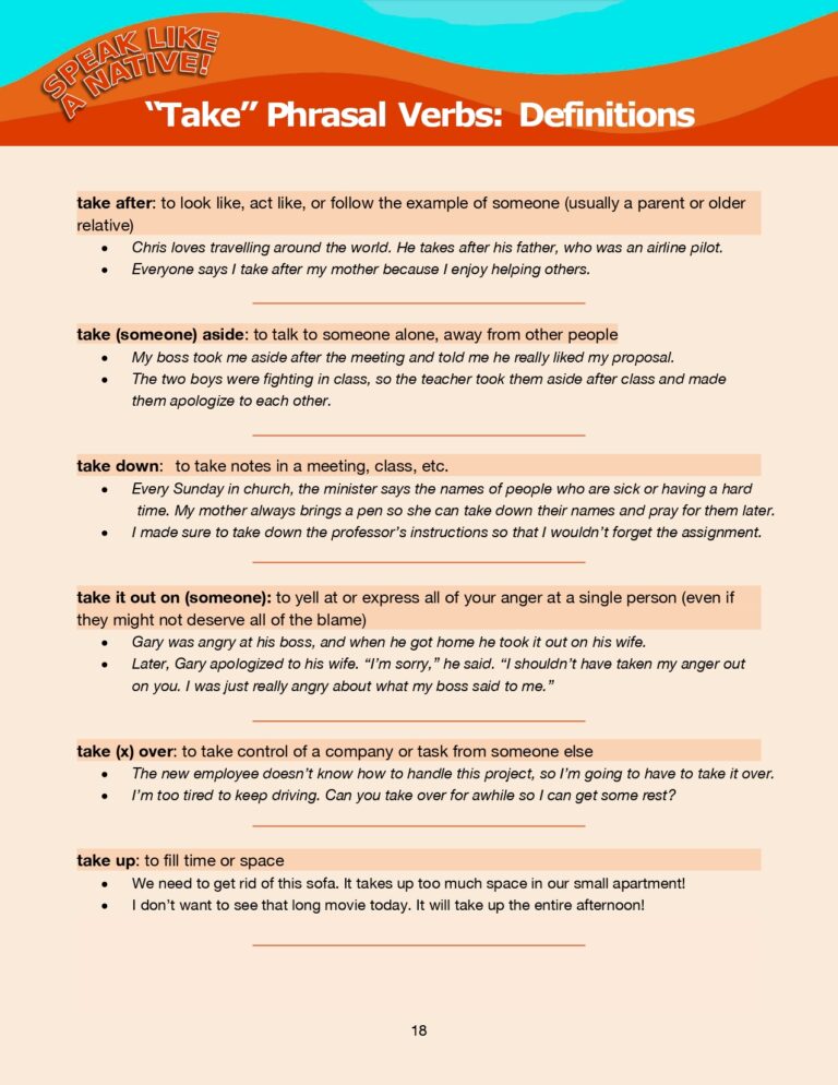 Phrasal Verbs: "Take" - Definitions and Review - Stickyball ESL Lessons