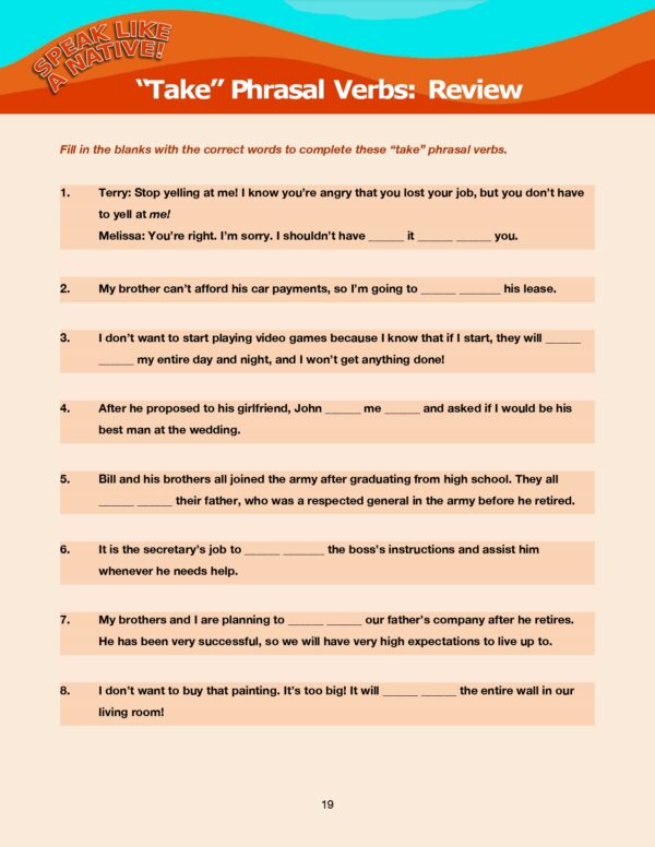 Phrasal Verbs: "Take" - Definitions and Review - Stickyball ESL Lessons