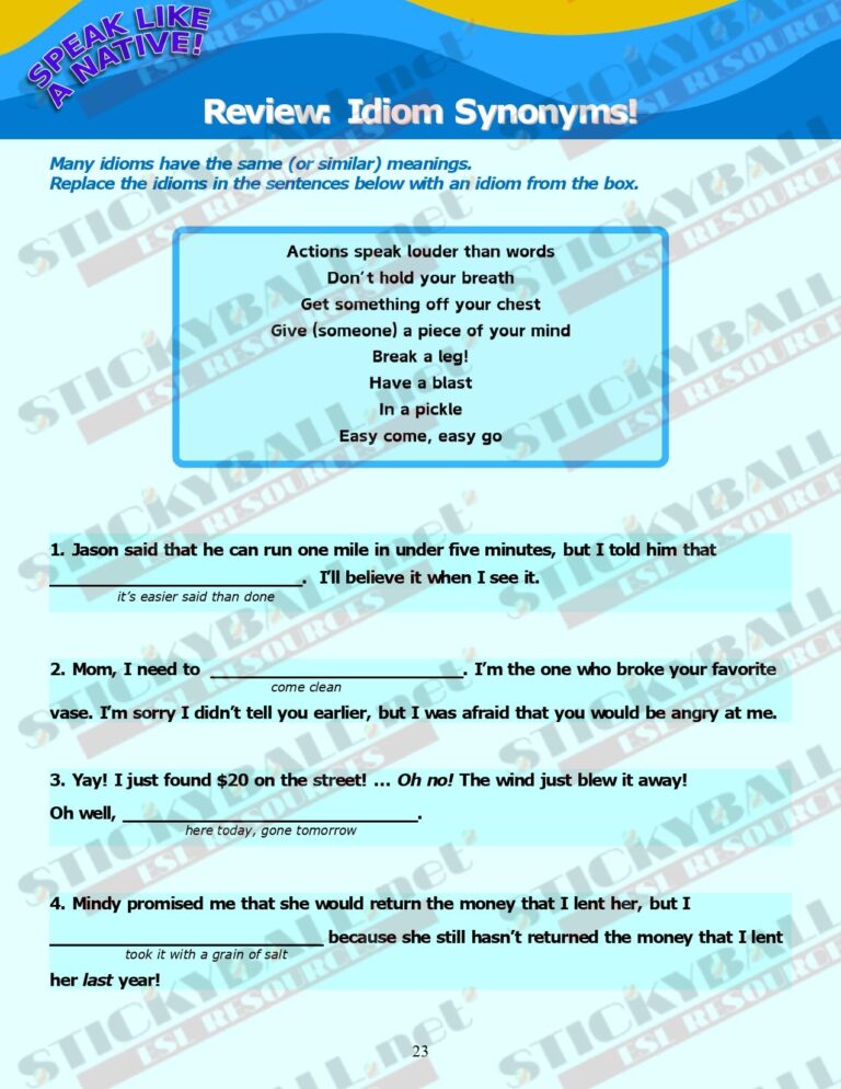 Speak Like a Native! - Idioms - Stickyball ESL Lessons