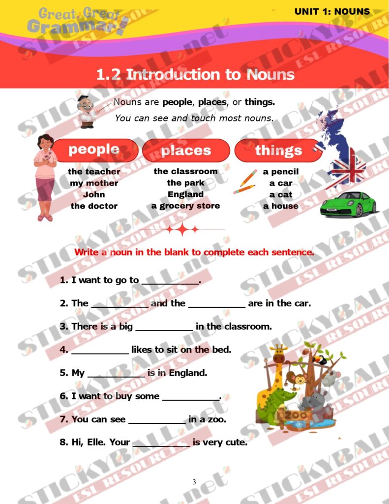 Great, Great Grammar! - Book 1: Parts of Speech - Stickyball ESL Lessons