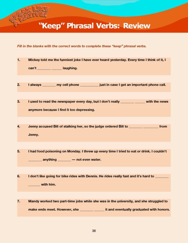 Phrasal Verbs: "Keep" - Definitions and Review - Stickyball ESL Lessons