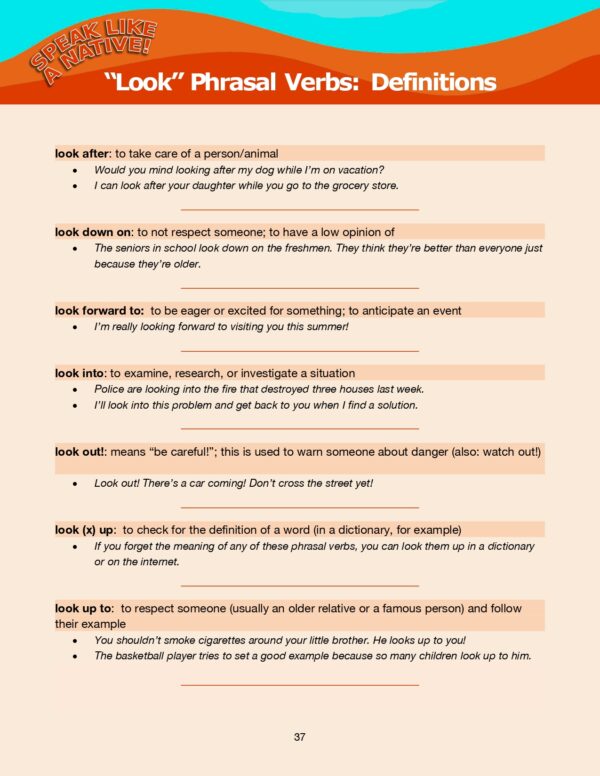 Phrasal Verbs: "Look" - Definitions and Review - Stickyball ESL Lessons
