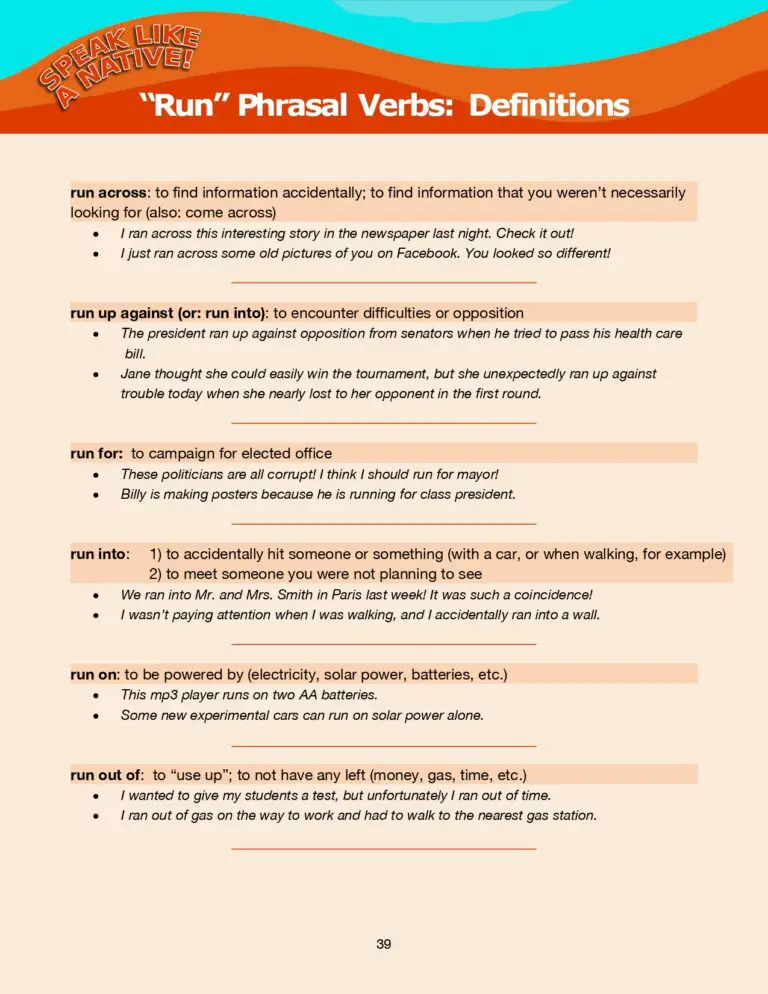 Phrasal Verbs Run Definitions And Review Stickyball Esl Lessons